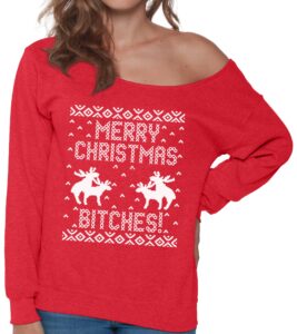 funny ugly christmas sweatshirt off shoulder xmas top merry christmas bitches white pattern sweater holiday outfit red m