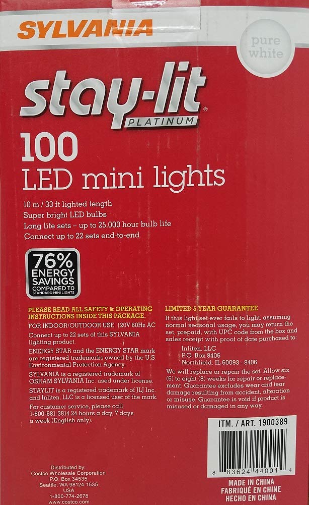 Energy Star Sylvania Stay-Lit Platinum 100 Led Mini Lights (Pure White) (2 Pack)