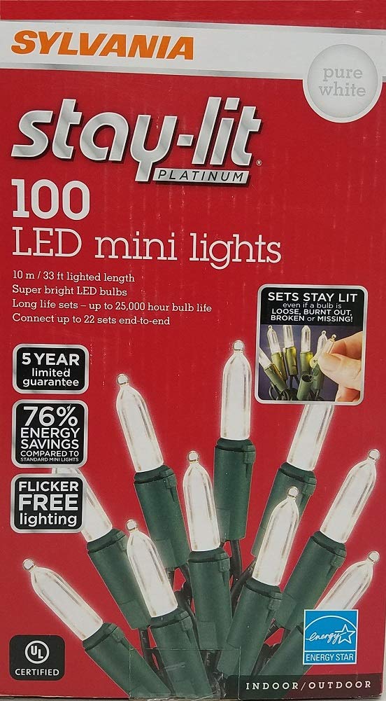 Energy Star Sylvania Stay-Lit Platinum 100 Led Mini Lights (Pure White) (2 Pack)