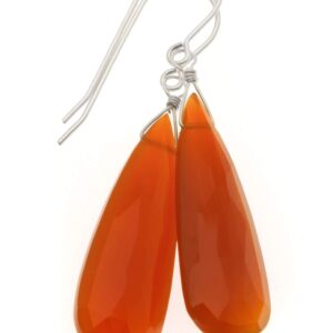 Sterling Silver Carnelian Earrings Orange Chalcedony Faceted Large Long Teardrop Briolettes Simple Dangles