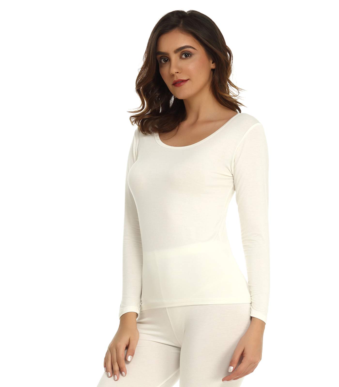 Mcilia Women's Ultrathin Modal Thermal Baselayer Top Scoop Neck Long Sleeve Undershirt Off-White Medium (US Size 8 10)