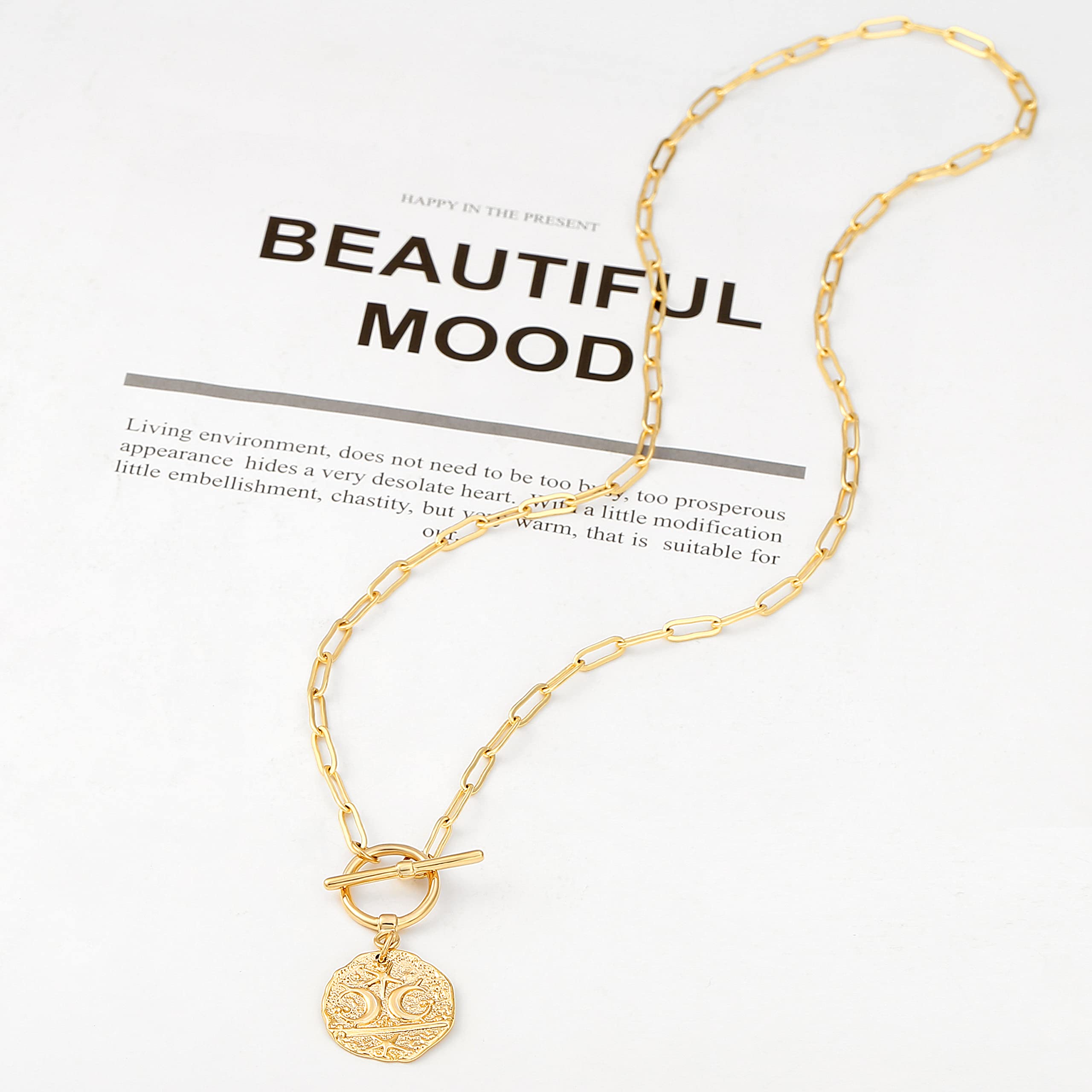 Aobei Pearl Moon and Star Medallion Pendant Necklace 18k Gold Oval Link Chain Choker Large Celestial Charm Layering Jewelry 20’’