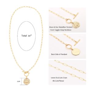 Aobei Pearl Moon and Star Medallion Pendant Necklace 18k Gold Oval Link Chain Choker Large Celestial Charm Layering Jewelry 20’’