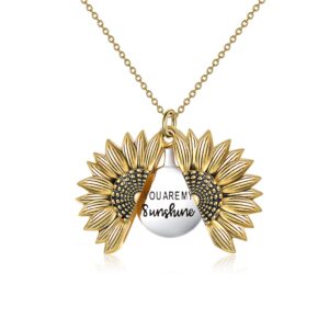 sterling silver sunflower locket necklace you are my sunshine engraved pendant necklaces jewelry for her (gold)