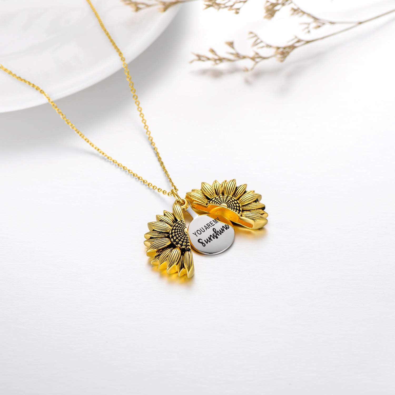 Sterling Silver Sunflower Locket Necklace You Are My Sunshine Engraved Pendant Necklaces Jewelry for Her (Gold)