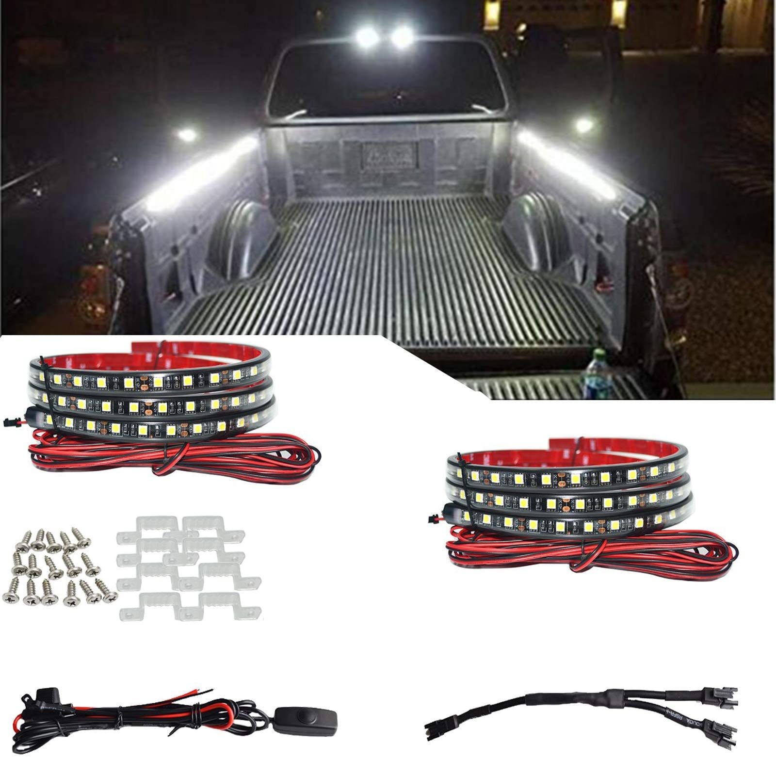 NBWDY 2Pcs 60in White 180 LED Truck Bed Light Strip Kit Waterproof Lighting Lamp with On-Off Switch Fuse 2-Way Splitter Extension Cable for Cargo Truck,Pickup,SUV,RV,Boat