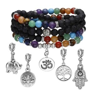 jovivi 6mm mala beads 108 lava rock 7 chakra life tree/hamsa/om/lotus/elephant meditation bracelet necklace