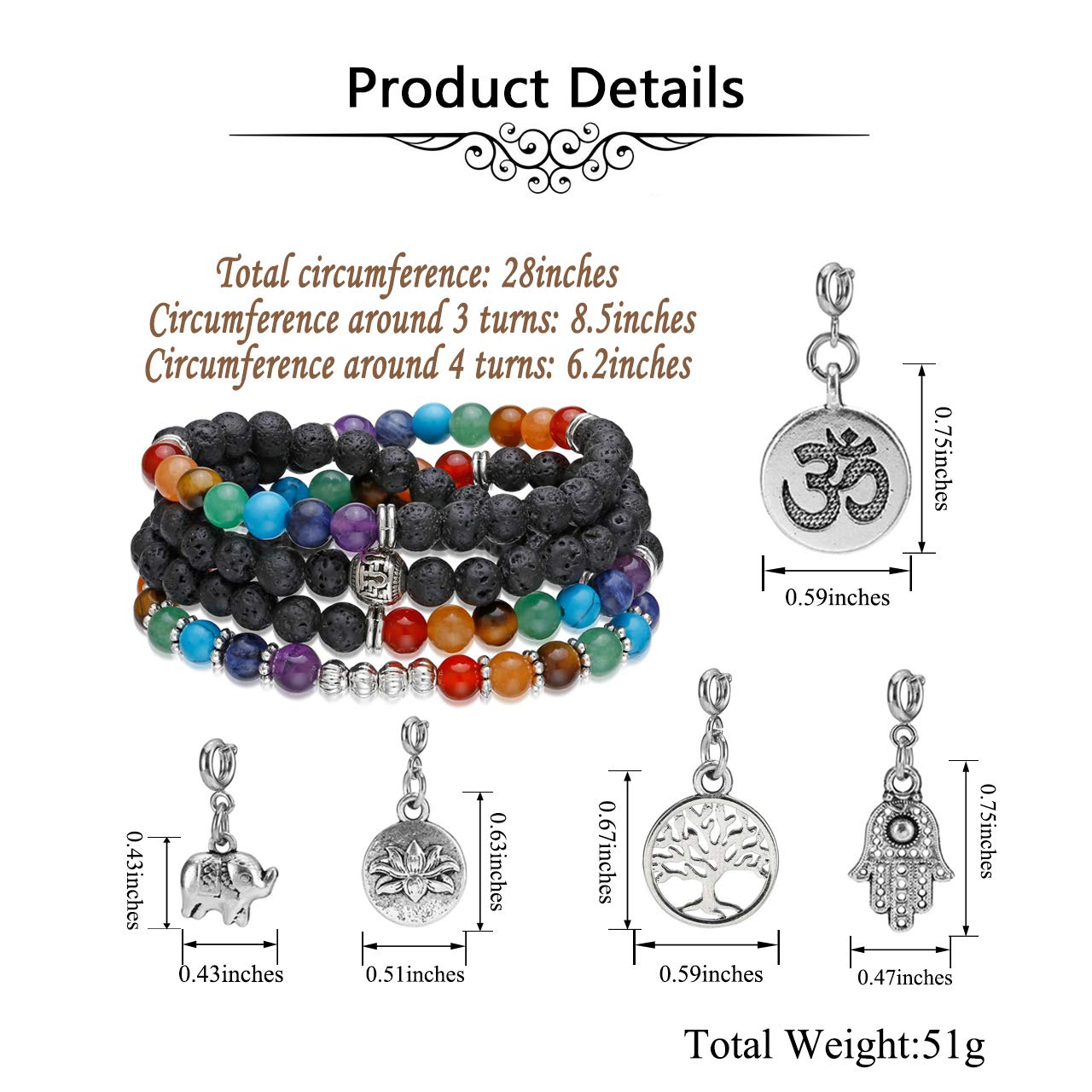 Jovivi 6mm Mala Beads 108 Lava Rock 7 Chakra Life Tree/Hamsa/OM/Lotus/Elephant Meditation Bracelet Necklace