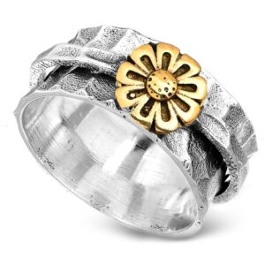 boho-magic sunflower ring, spinner rings for women 925 sterling silver and brass sunflower | nature wide band fidget meditation anxiety jewelry