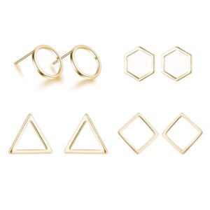 4pcs gold triangle stud earrings 14k gold stud earrings for women minimalist circle rectangular geometric earrings for christmas stocking stuffers gifts(gold)