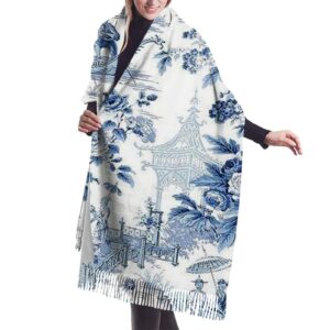 qbahoe chinese style powder blue chinoiserie toile scarf for women men lightweight unisex fashion soft winter scarves fringe shawl wraps