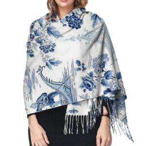 QBahoe Chinese Style Powder Blue Chinoiserie Toile Scarf For Women Men Lightweight Unisex Fashion Soft Winter Scarves Fringe Shawl Wraps