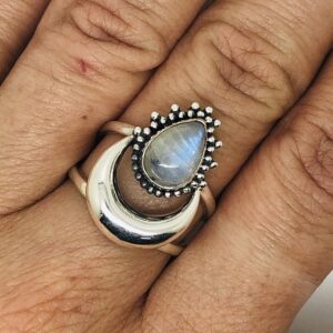 Koral Jewelry Pear Moonstone Ethnic Moon Ring 925 Sterling Silver Vintage Tribal Gipsy Boho Look (8)