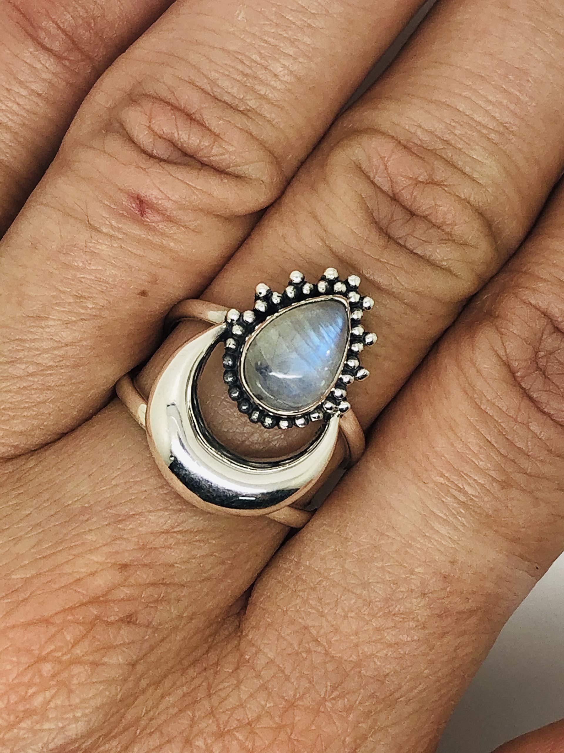 Koral Jewelry Pear Moonstone Ethnic Moon Ring 925 Sterling Silver Vintage Tribal Gipsy Boho Look (8)