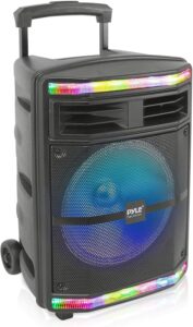 pyle portable bluetooth pa speaker system - 600w bluetooth speaker portable pa system w/ rechargeable battery, party lights, mp3/usb sd card reader, rolling wheels - pyle pphp1044b