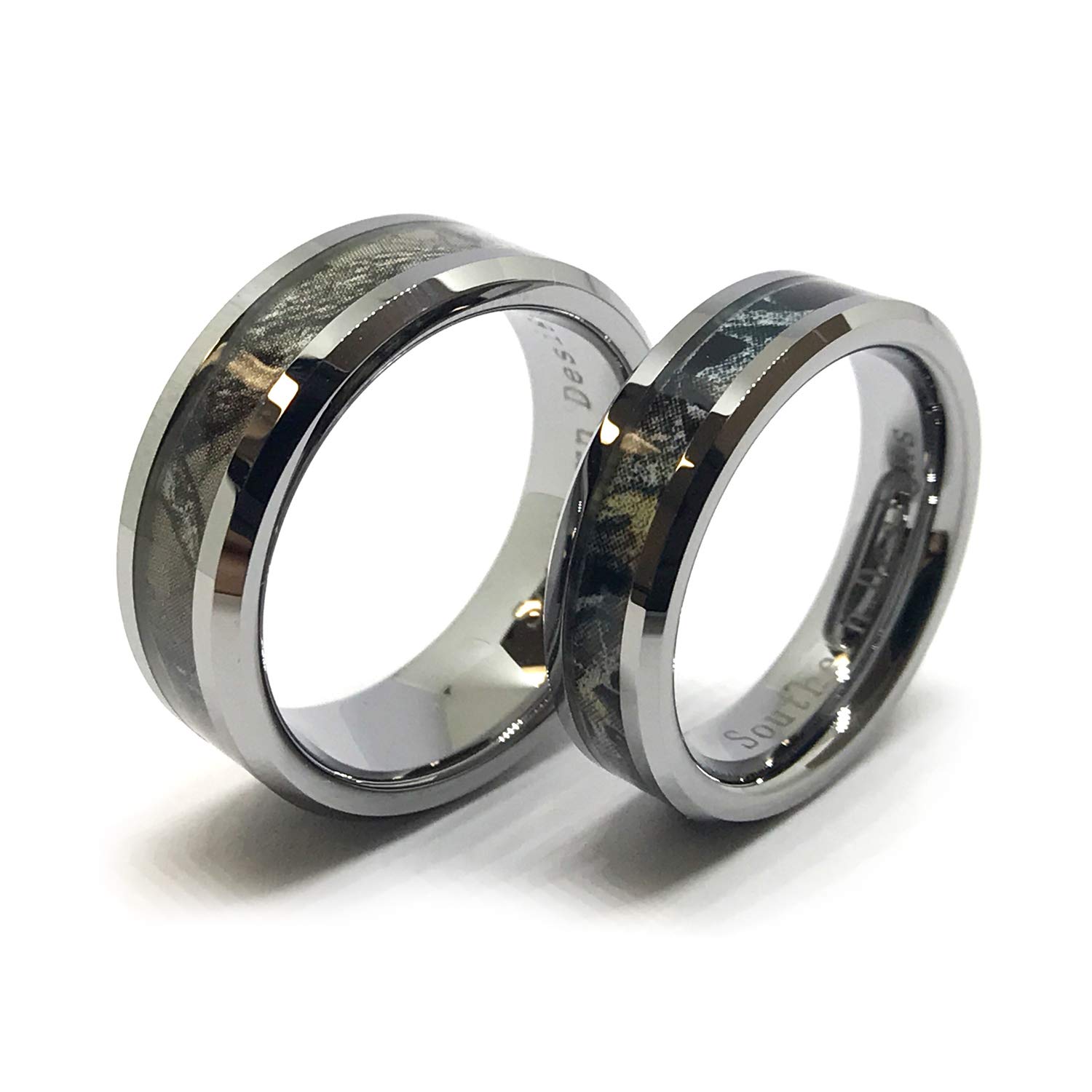 Camouflage Wedding Ring Set Black on Silver Band (His-9 Hers-5.5)