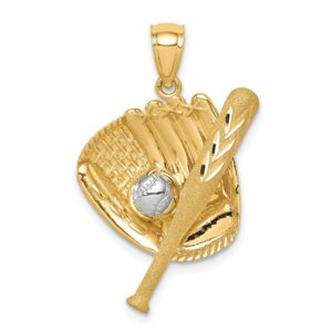 solid 14k white and yellow gold two toned diamond-cut baseball bat glove ball pendant charm