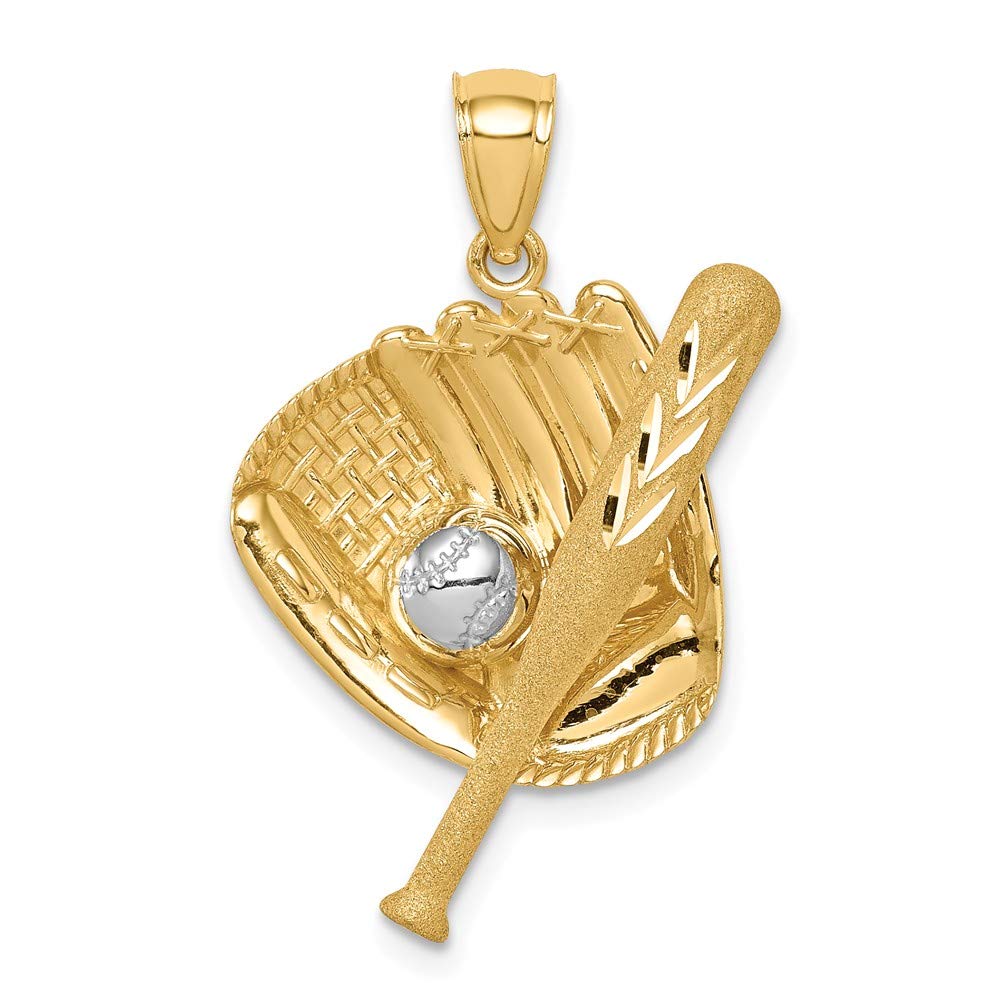 Solid 14k White and Yellow Gold Two Toned Diamond-Cut Baseball Bat Glove Ball Pendant Charm