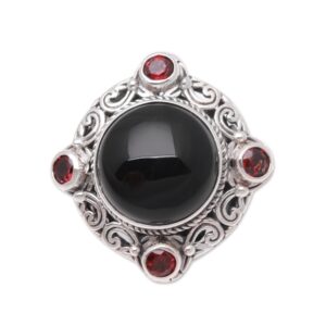 novica artisan handmade onyx garnet cocktail ring crafted bali sterling silver multi stone indonesia gemstone birthstone [ring front 1.2 in l x 1.2 in w x 0.5 in h band width 5 mm w] ' regal