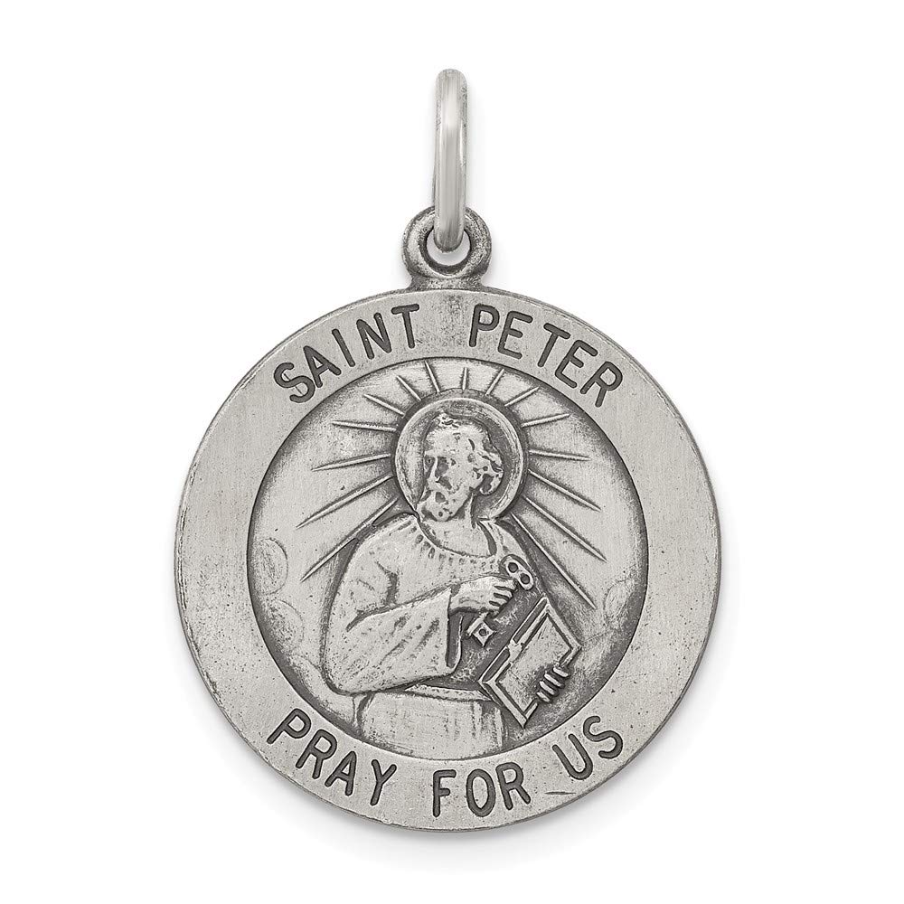 Solid 925 Sterling Silver Vintage Antiqued Catholic Patron Saint Peter Pendant Charm Medal - 25mm x 20mm