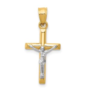 14k yellow and white gold two tone cross crucifix charm pendant - 26mm x 12mm