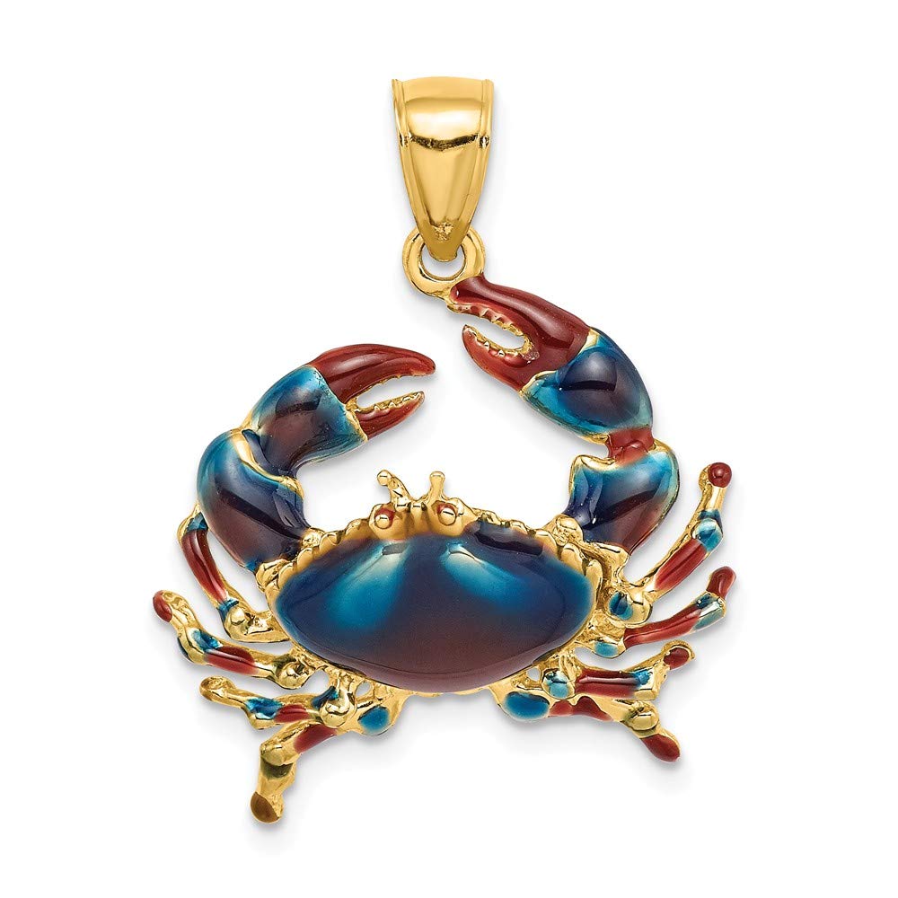 Solid 14k Yellow Gold 2-D Blue Enamel Stone Crab Charm Pendant - 29mm x 24mm