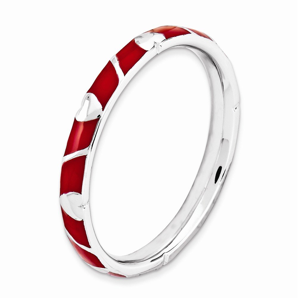 Solid 925 Sterling Silver Stackable Red Enamel Heart Ring Eternity Band Size 7