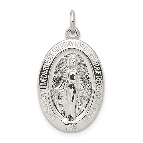 Solid 925 Sterling Silver Virgin Mary Pray for Us Charm Miracle Medal Mary Pendant Charm Medal - 24mm x 13mm