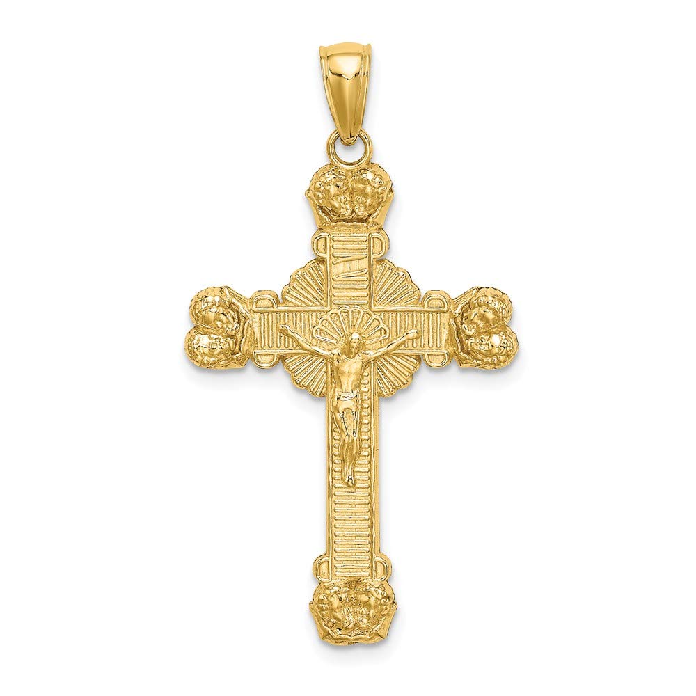 Solid 14k Yellow Gold Cross Crucifix SUNBURST Charm Pendant - 38mm x 22mm