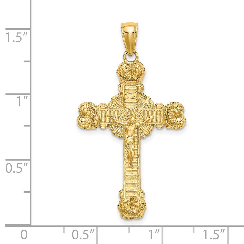 Solid 14k Yellow Gold Cross Crucifix SUNBURST Charm Pendant - 38mm x 22mm