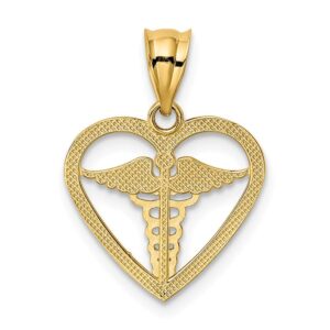 Solid 14k Yellow Gold RN Registered Nurse Caduceus Symbol Heart RN Registered Nurse Caduceus Symbol Medical Emergency Alert Pendant Charm - 22mm x 16mm