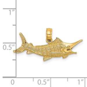 Solid 14k Yellow Gold Textured and 2-D Marlin Fish Charm Pendant - 10mm x 26mm