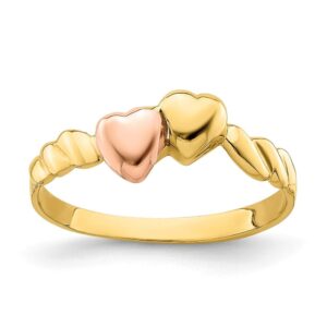 solid 14k yellow and white gold two tone two hearts ridged ring band size 8.5