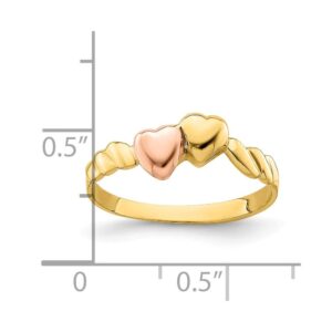 Solid 14k Yellow and White Gold Two Tone Two Hearts Ridged Ring Band Size 8.5