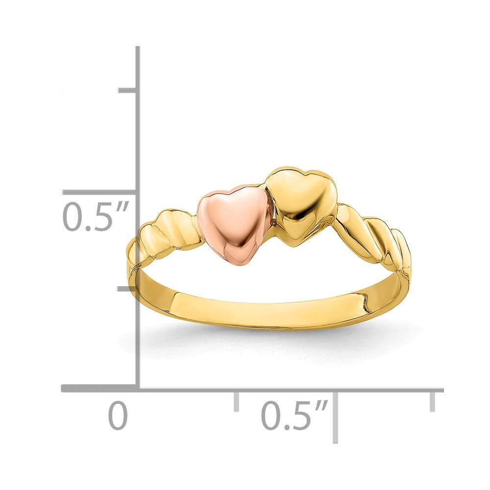 Solid 14k Yellow and White Gold Two Tone Two Hearts Ridged Ring Band Size 8.5