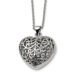 stainless steel filigree puffed heart pendant necklace charm chain - with secure lobster lock clasp 22"