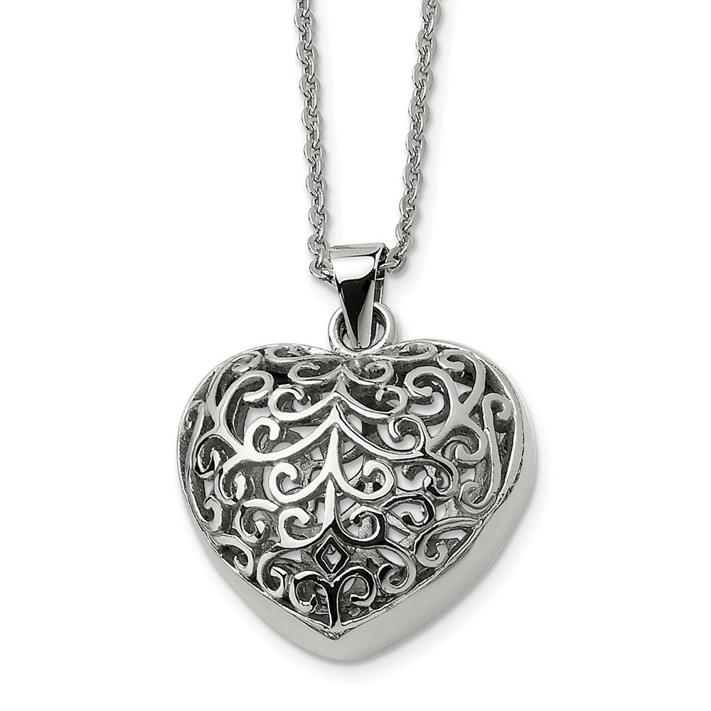 Stainless Steel Filigree Puffed Heart Pendant Necklace Charm Chain - with Secure Lobster Lock Clasp 22"