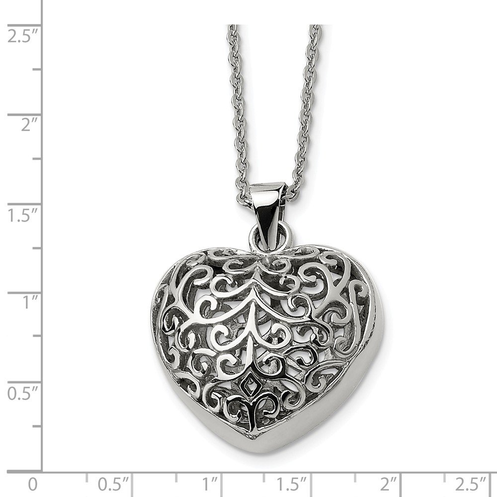 Stainless Steel Filigree Puffed Heart Pendant Necklace Charm Chain - with Secure Lobster Lock Clasp 22"