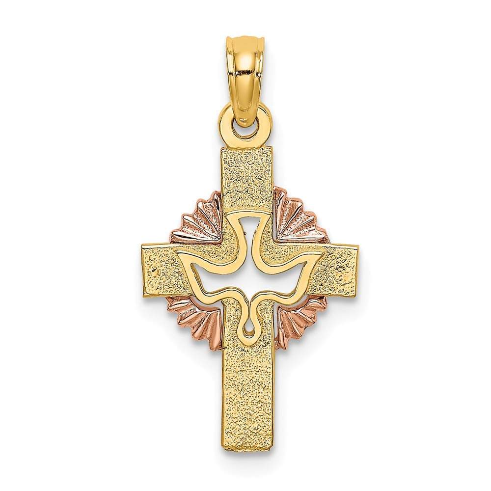 Solid 14k Yellow and White Gold Two Tone and Cut-Out Dove On Cross Charm Pendant - 23mm x 13mm