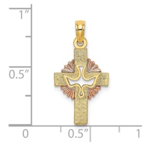 Solid 14k Yellow and White Gold Two Tone and Cut-Out Dove On Cross Charm Pendant - 23mm x 13mm