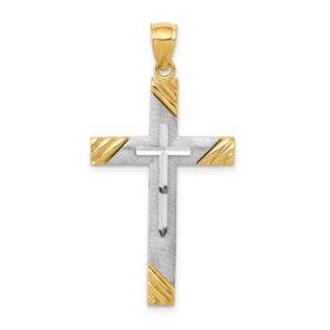 solid 14k yellow and white gold two tone diamond-cut cross pendant charm - 38mm x 19mm