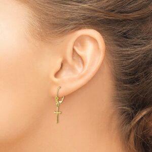 Solid 14k Yellow Gold Cross Leverback Dangle Earrings - 30mm x 8mm