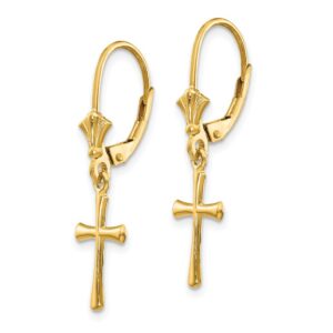 Solid 14k Yellow Gold Cross Leverback Dangle Earrings - 30mm x 8mm