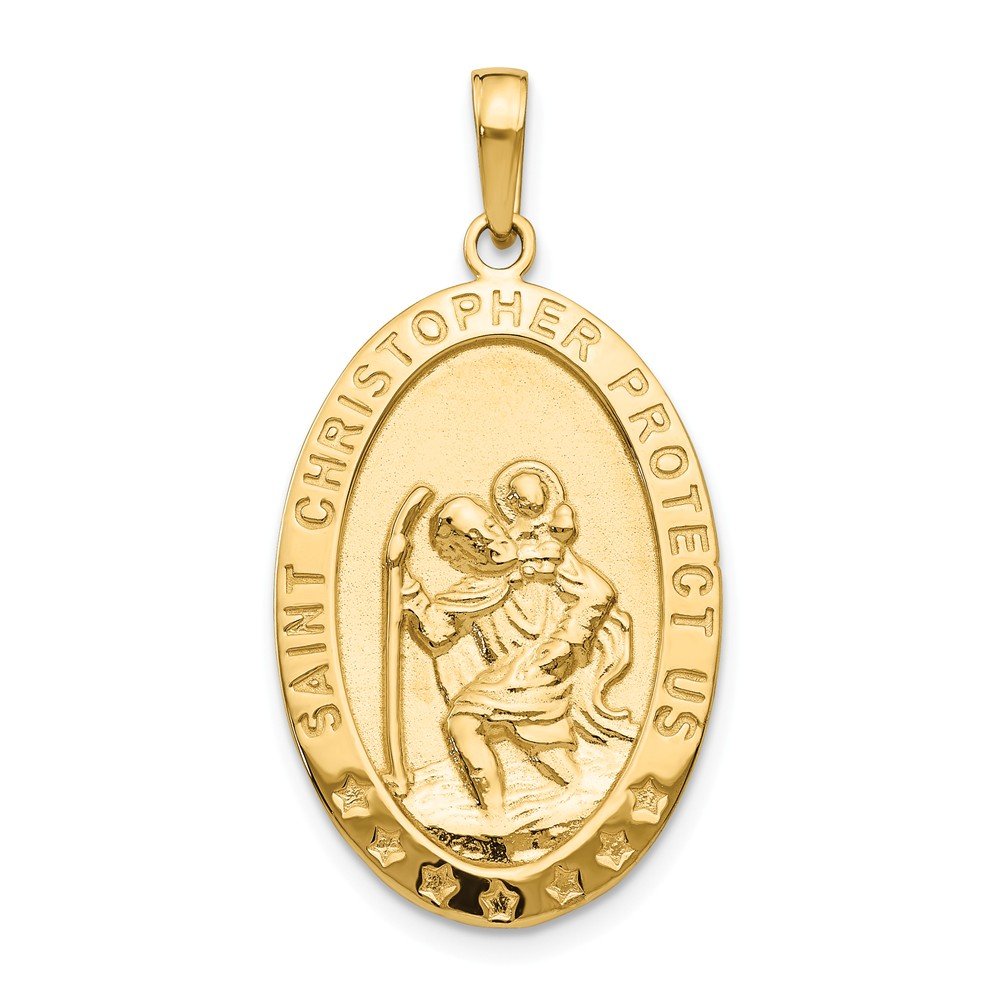 Solid 14k Yellow Gold Catholic Patron Saint Christopher Medal Pendant Charm - 36mm x 18mm