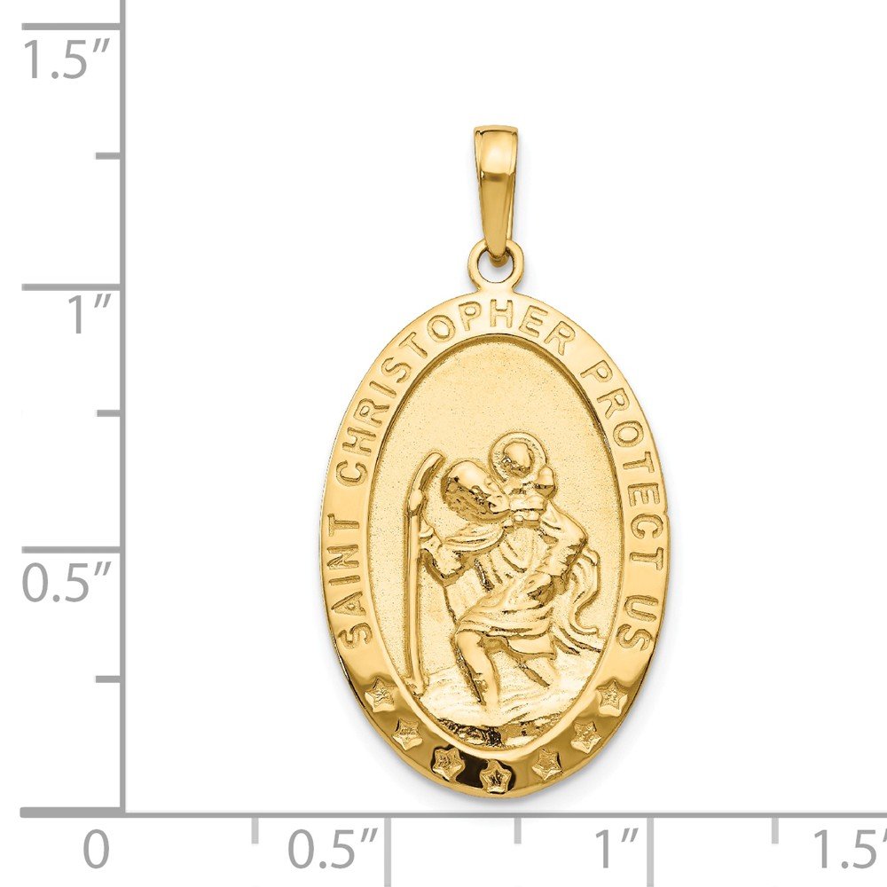 Solid 14k Yellow Gold Catholic Patron Saint Christopher Medal Pendant Charm - 36mm x 18mm