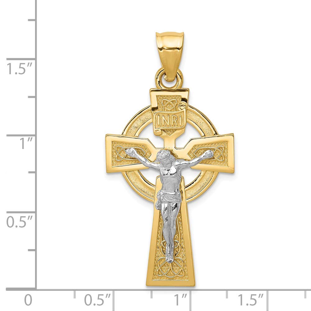 Solid 14k Yellow and White Gold Two Tone Celtic Knot Irish Claddagh INRI Cross Pendant Crucifix Charm - 35mm x 22mm