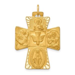 14k yellow gold solid/large 4-way brushed matte finish pendant charm medal cross