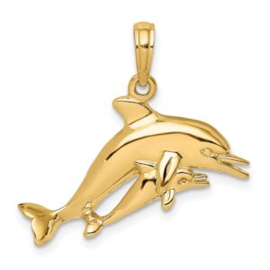 solid 14k yellow gold 2-d double dolphins swimming charm pendant - 15mm x 24mm