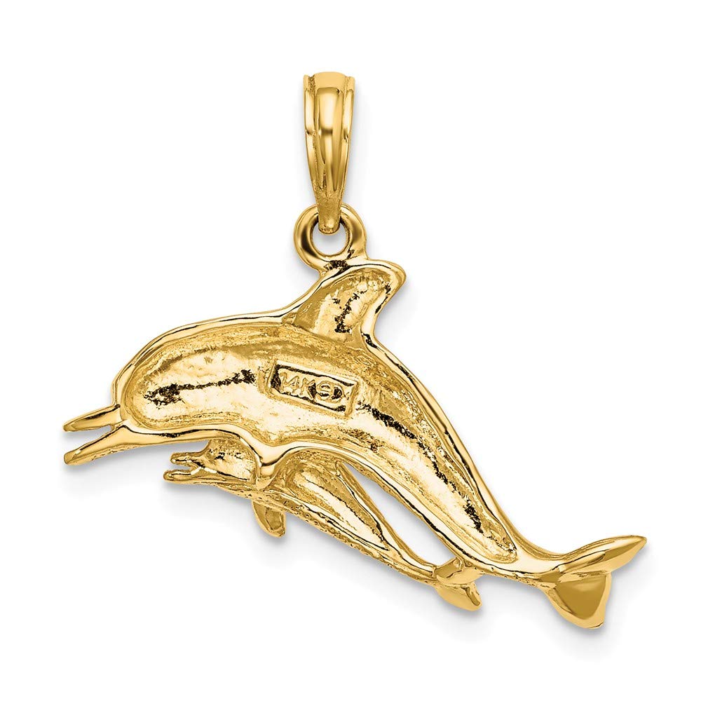 Solid 14k Yellow Gold 2-D DOUBLE DOLPHINS SWIMMING Charm Pendant - 15mm x 24mm