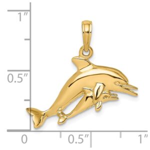 Solid 14k Yellow Gold 2-D DOUBLE DOLPHINS SWIMMING Charm Pendant - 15mm x 24mm